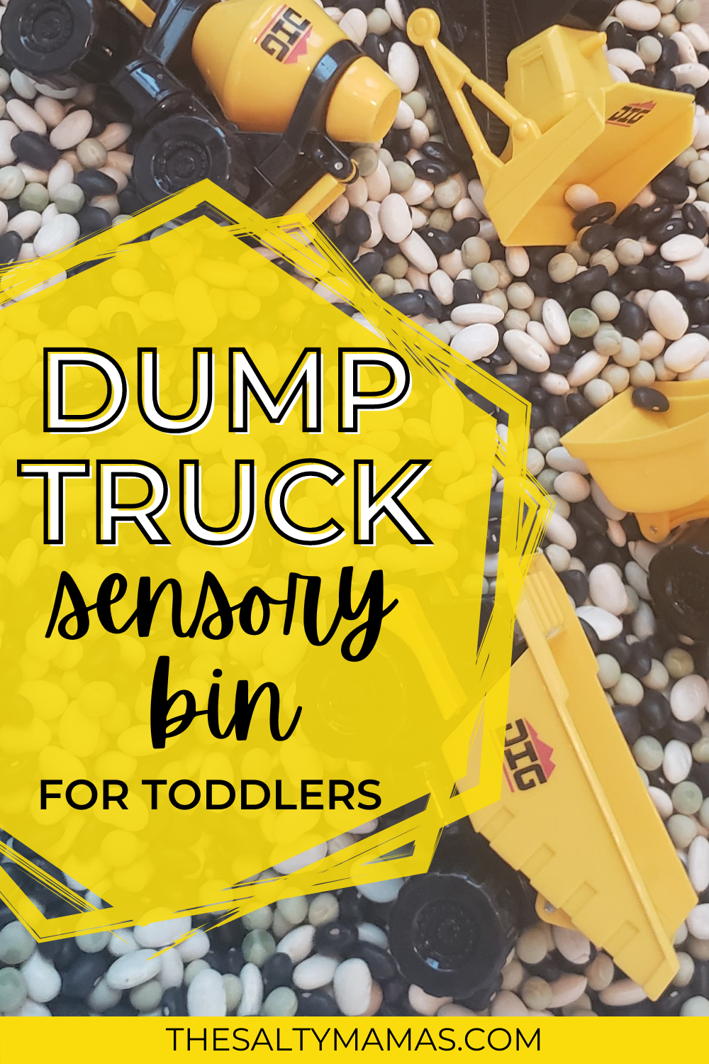 Construction Themed Sensory Bin with Mini Dump Trucks